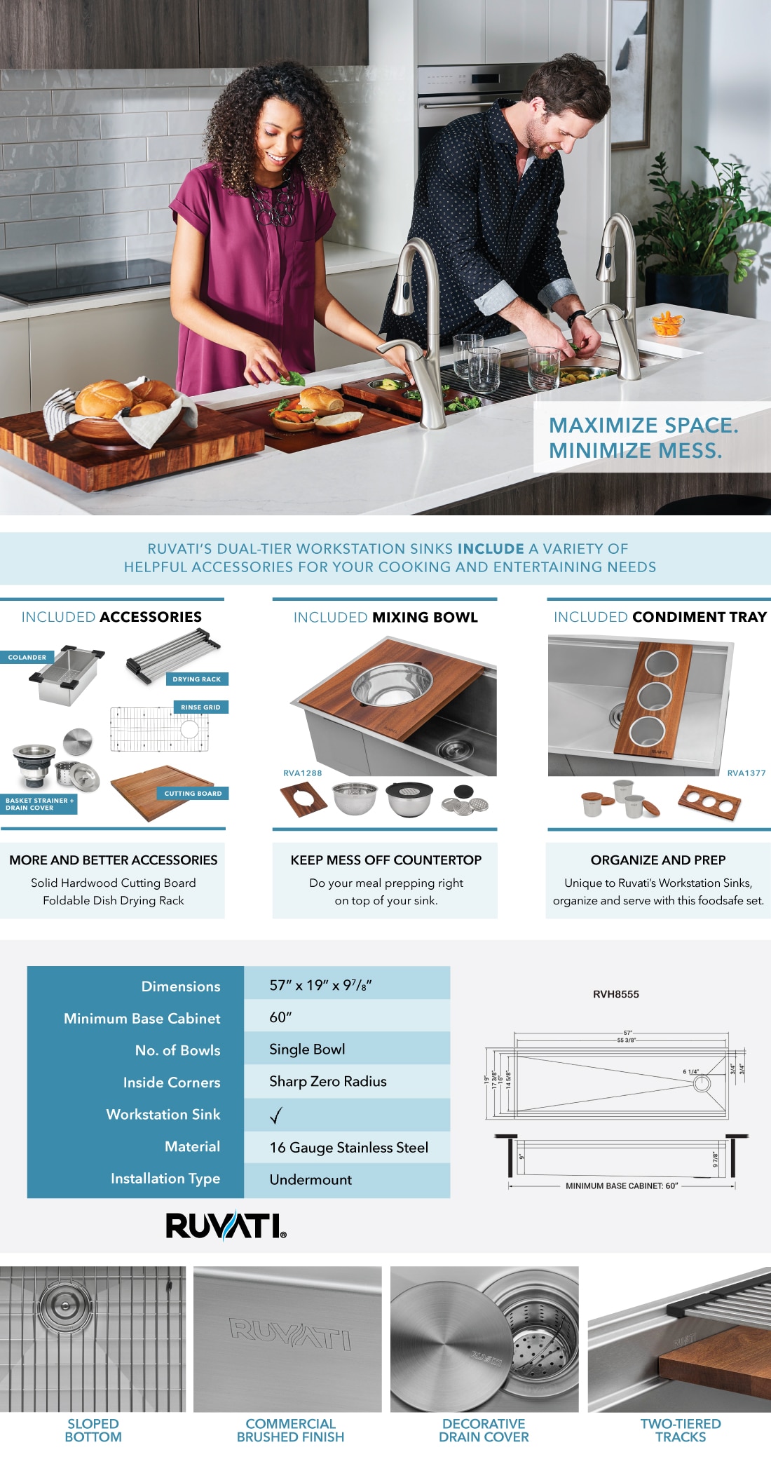 Ruvati Dual Tier 57 in. Undermount Single Bowl 16-Gauge Stainless Steel ...