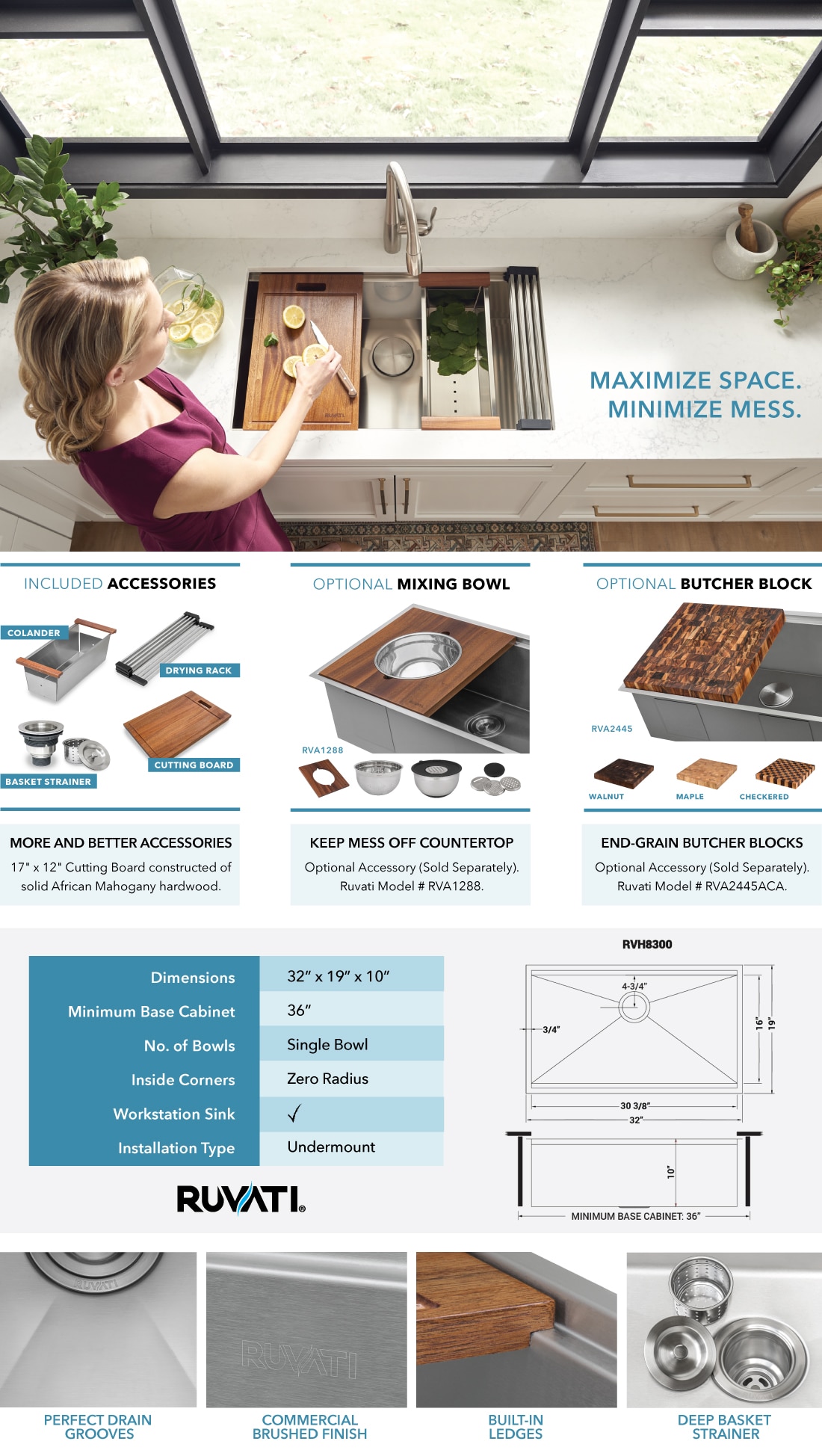 Ruvati Roma 32 in. Undermount Single Bowl 16-Gauge Stainless Steel ...