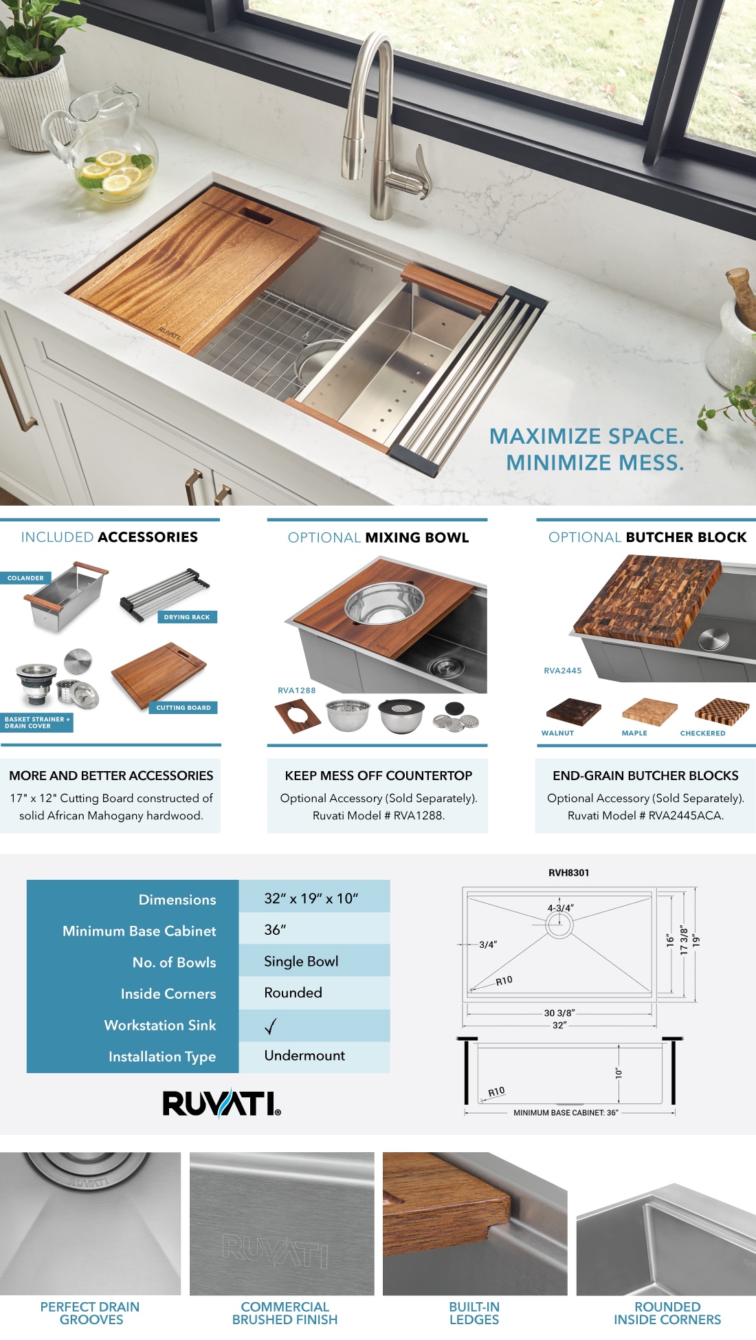 Ruvati Roma Pro 32 in. Undermount Single Bowl 16-Gauge Stainless Steel ...