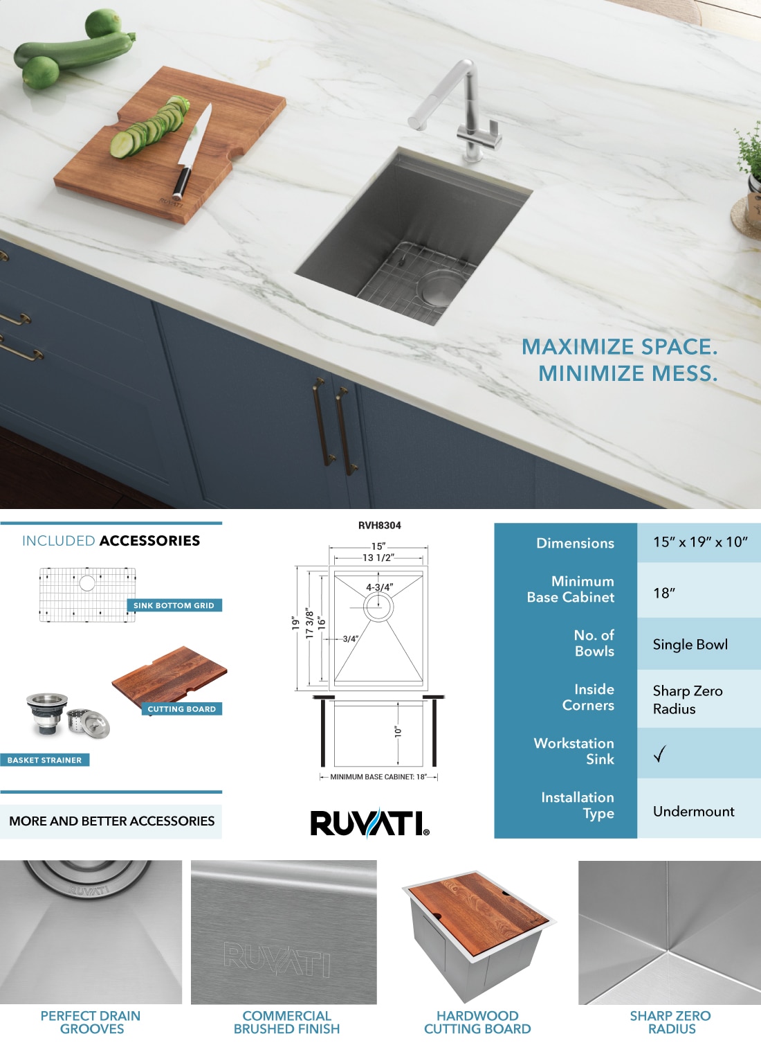 Ruvati Roma 15 in. Undermount Single Bowl 16-Gauge Stainless Steel Bar ...