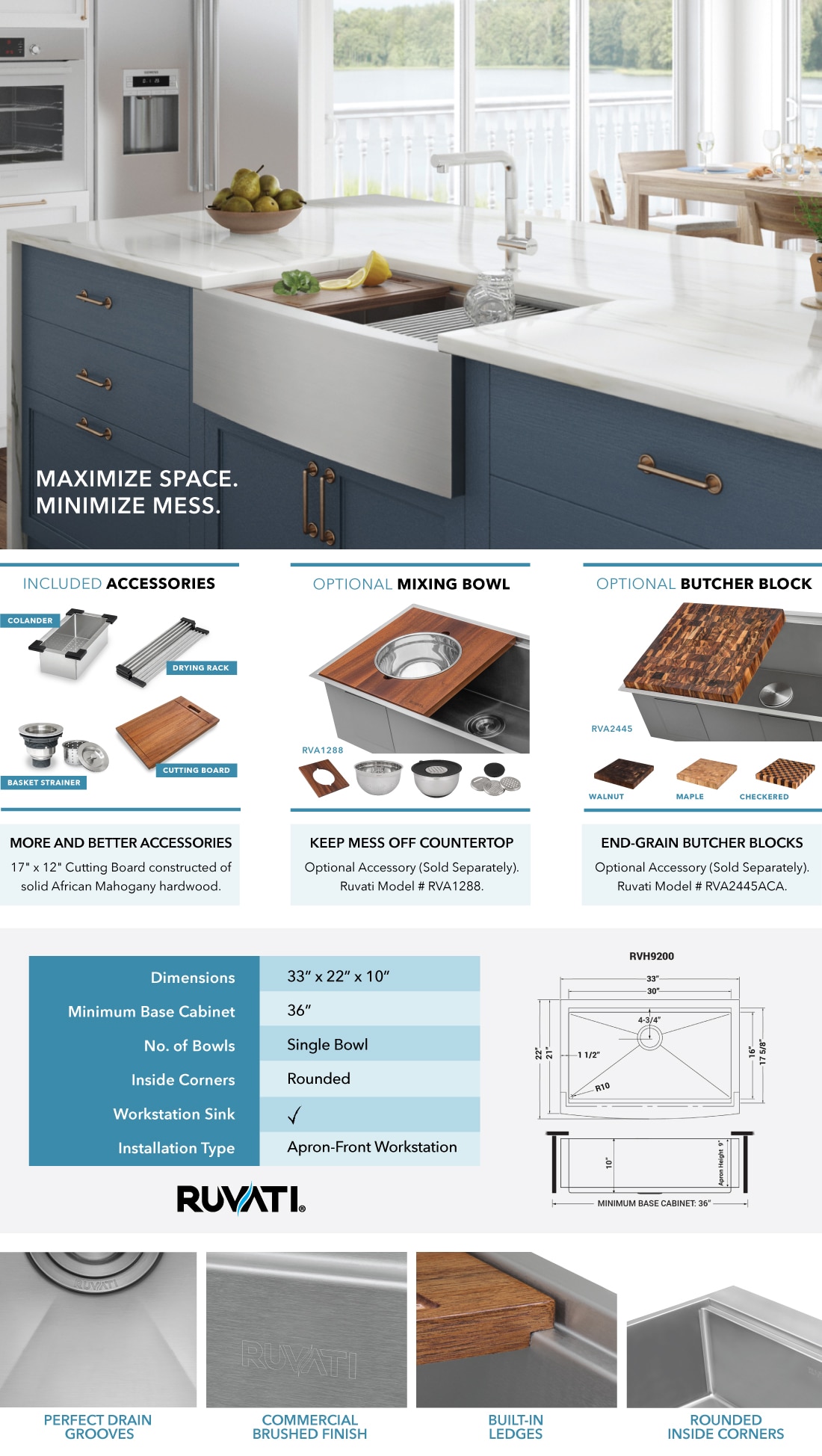 Ruvati Verona 33 in. Apron-Front Farmhouse Single Bowl 16-Gauge ...