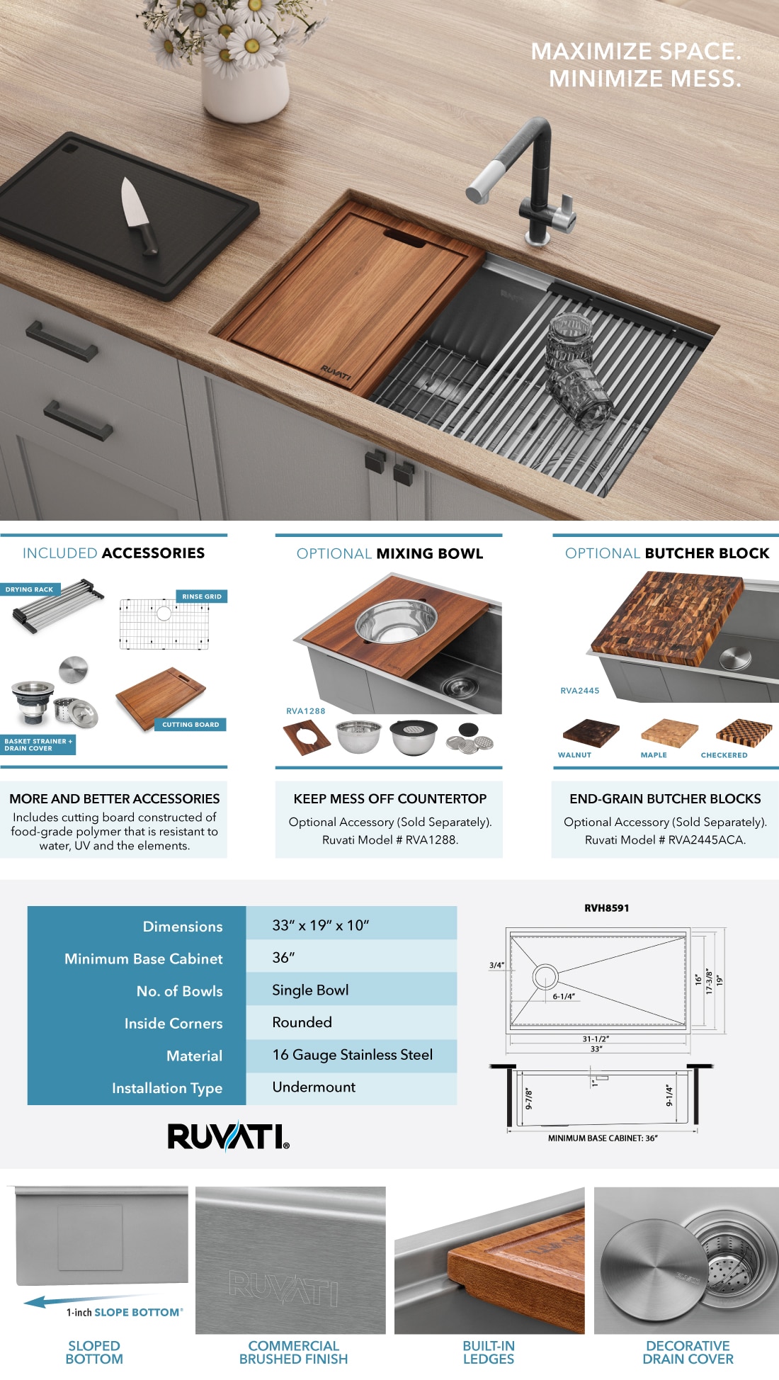 Ruvati Veniso 33 in. Undermount Single Bowl 16-Gauge Slope Bottom ...