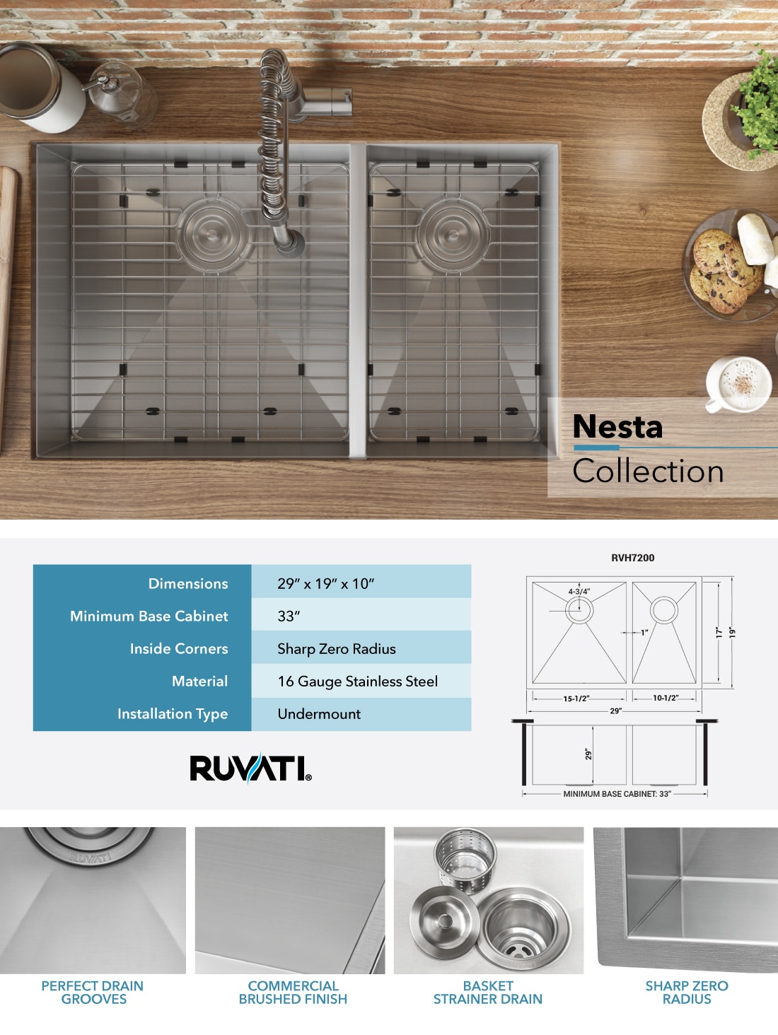 Ruvati Nesta 29 in. Undermount 60/40 Double Bowl 16-Gauge Stainless ...