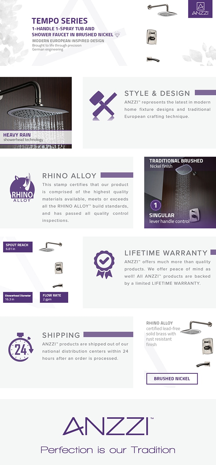 ANZZI Tempo Series 1-Handle 1-Spray Tub and Shower Faucet in Brushed ...