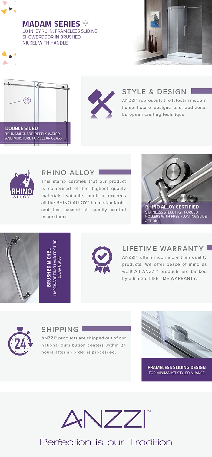 ANZZI Madam Series 56 to 60 in. x 76 in. H Sliding Frameless Shower ...