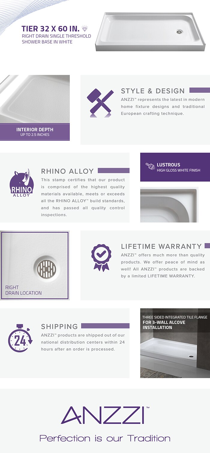 ANZZI Tiers Base Series 32 in. L x 60 in. W Alcove Shower Shower Pan ...