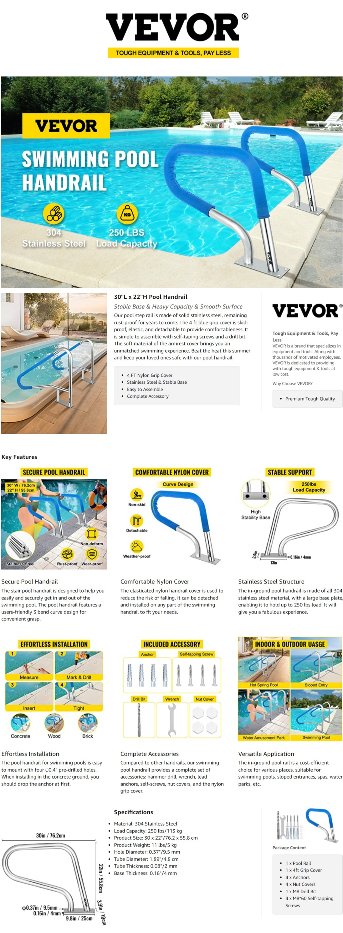 VEVOR Pool Rail 30 in. x 22 in. Pool Railing Stainless Steel Silver ...