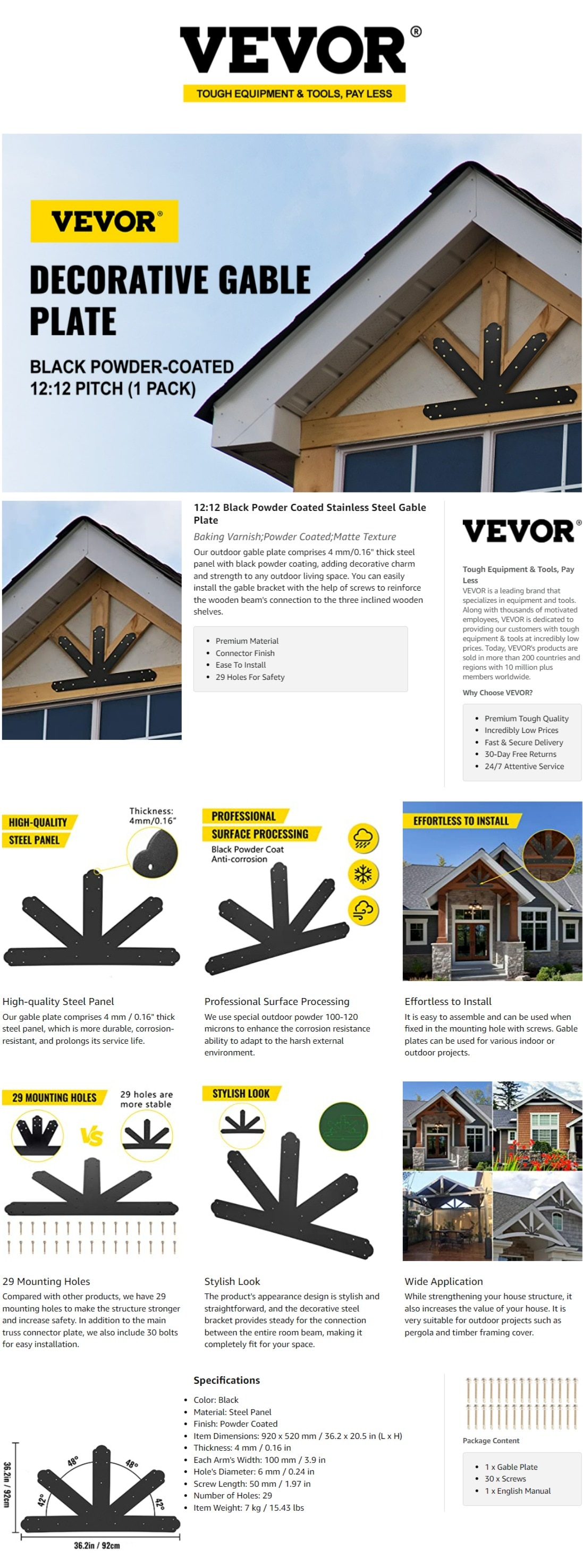 VEVOR Gable Plate Black Powder-Coated Truss Connector Plates 12:12 ...