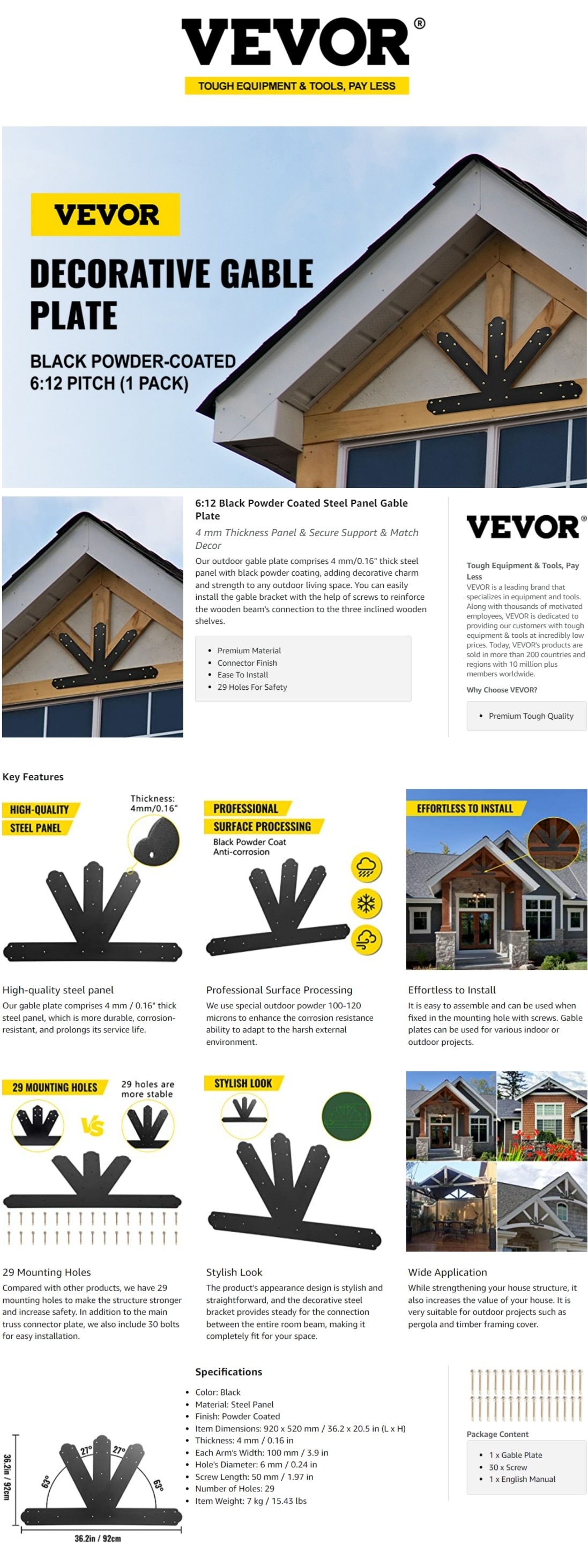VEVOR Gable Plate Black Powder-Coated Truss Connector Plates 6:12 Pitch ...