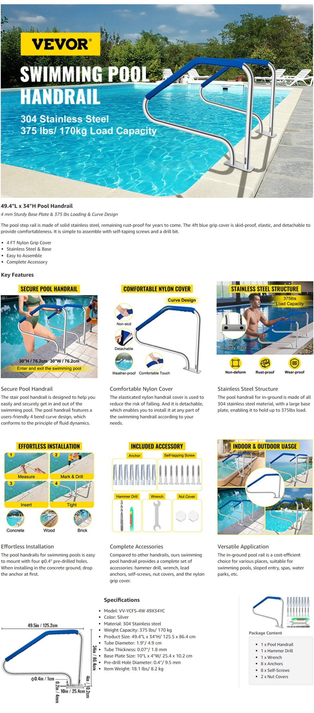 VEVOR Pool Handrail 49.4 in. x 34 in. Swimming Pool Stair Rail 304 ...