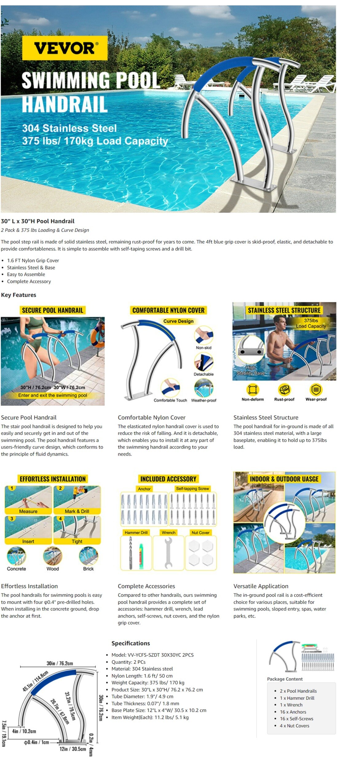VEVOR Pool Handrail 2 Pack 30 in. x 30 in. Swimming Pool Stair Rail ...