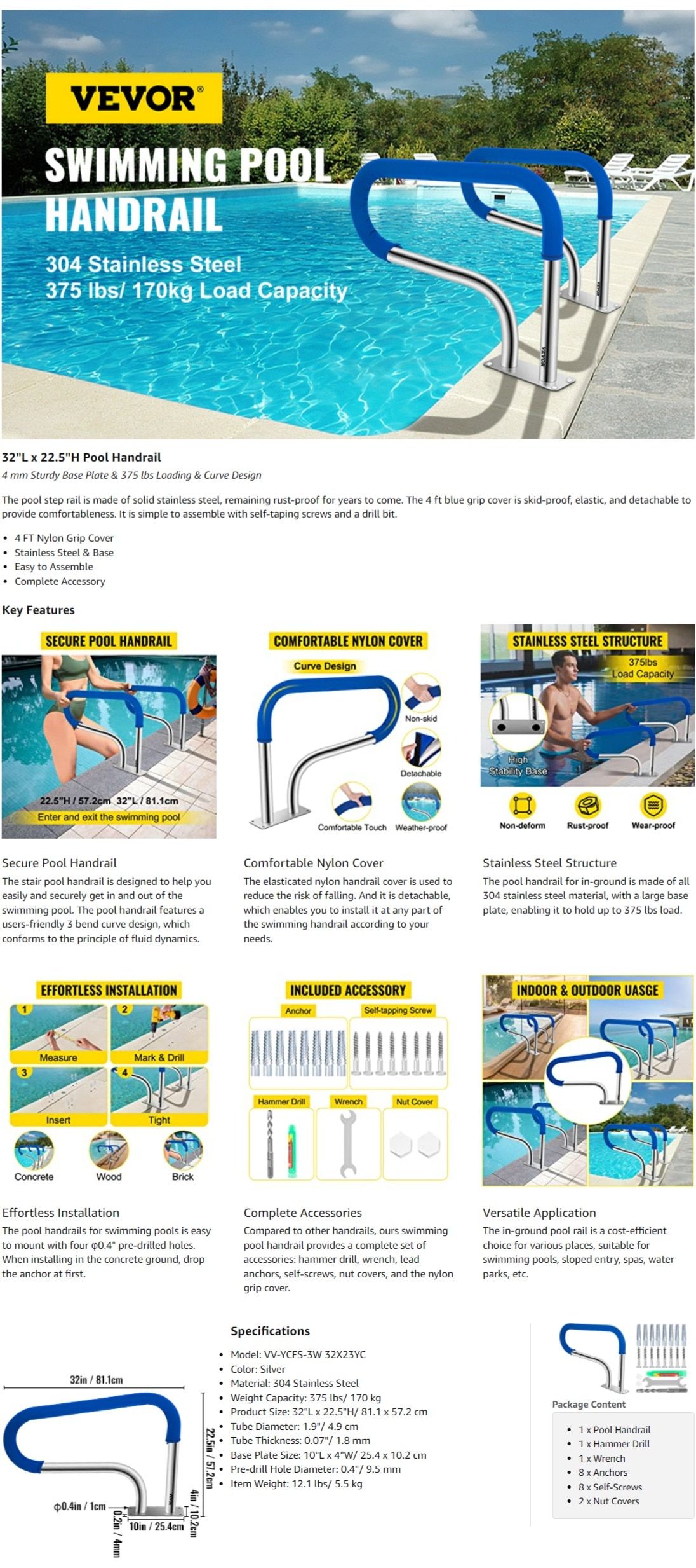 SKYSHALO Pool Handrail 32 in. x 22.5 in. Swimming Pool Rail 304 ...