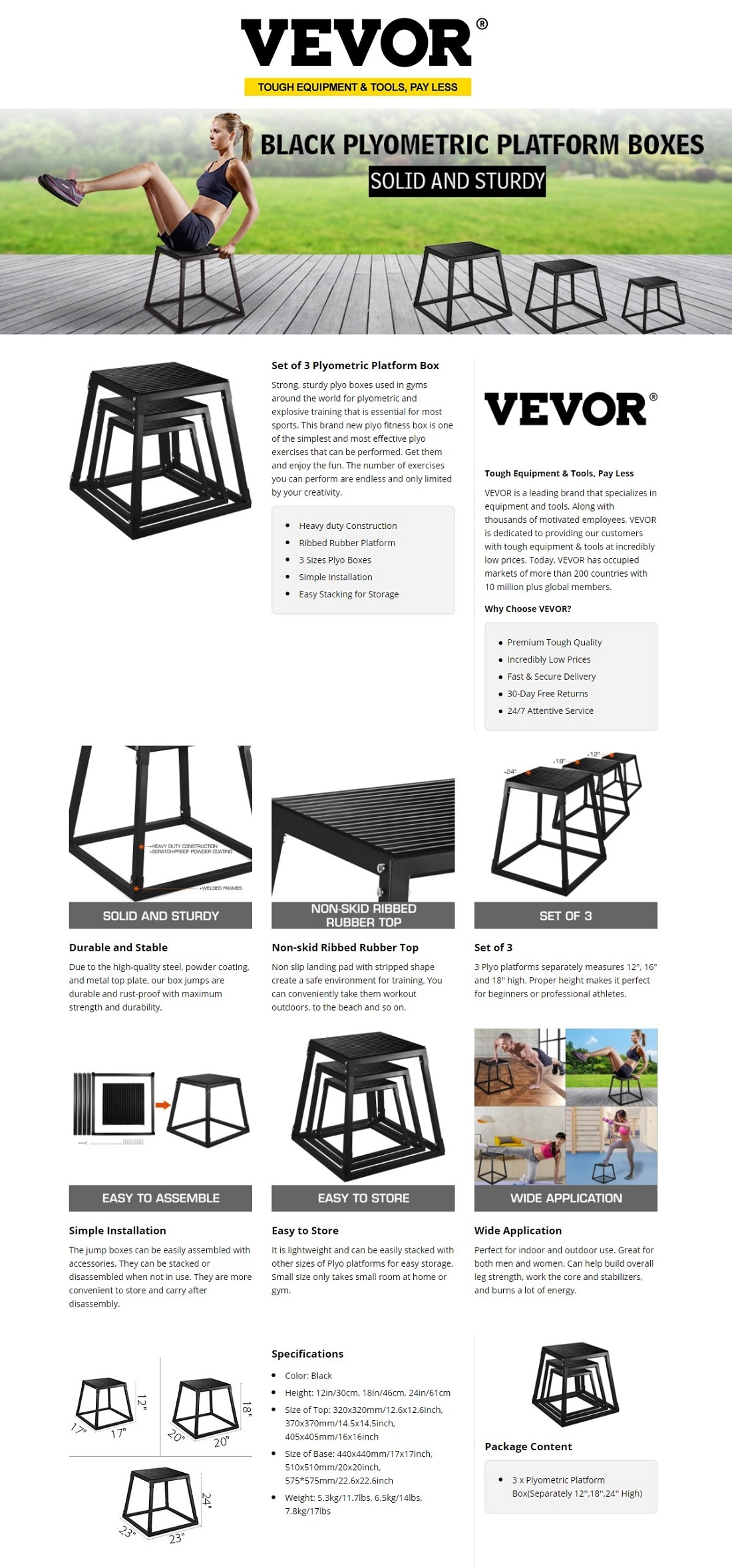 VEVOR Plyometric Platform Box Set 12 in. x 18 in. x 24 in. Height ...