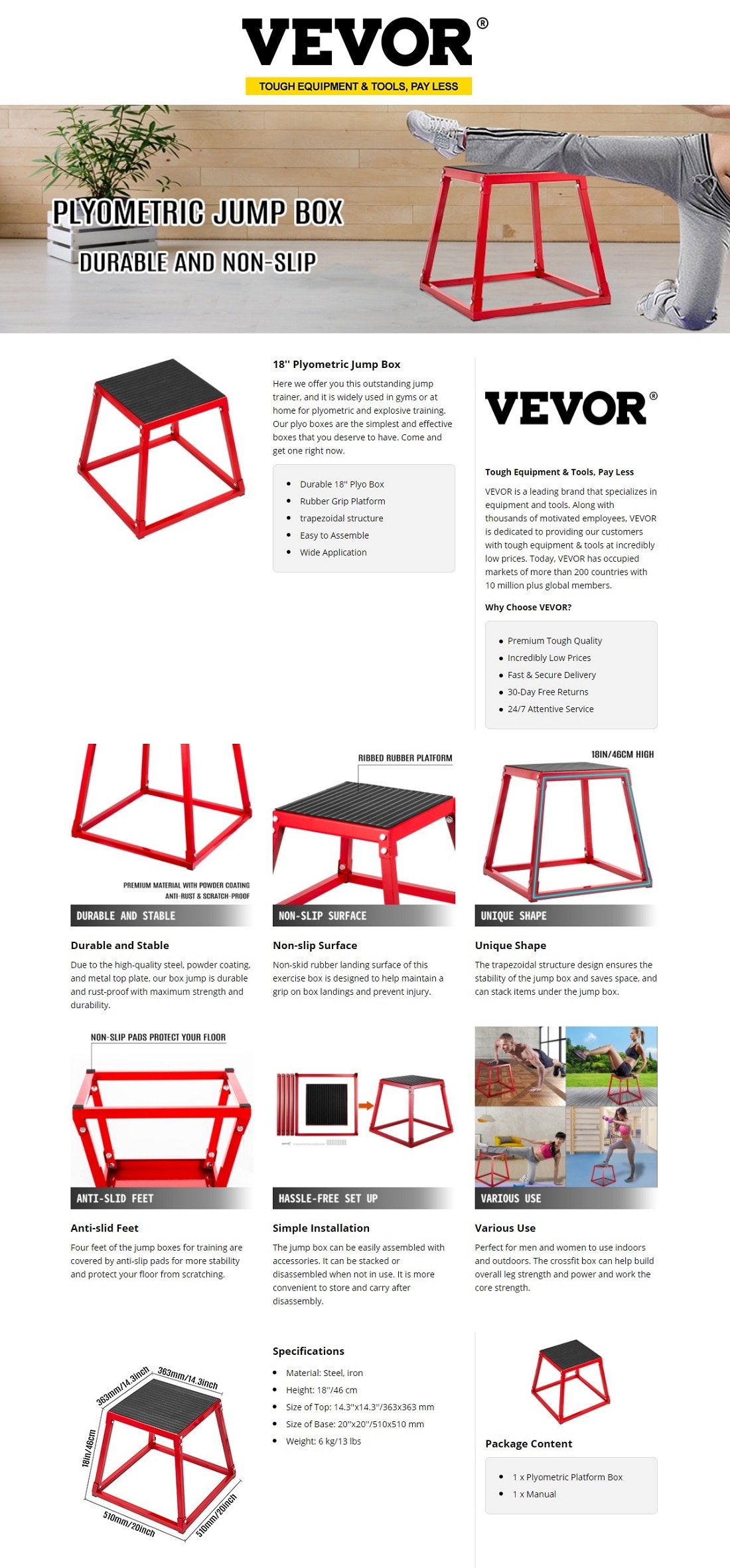 VEVOR Plyometric Platform Box 18 in. Height Fitness Steel Plyo Box with ...