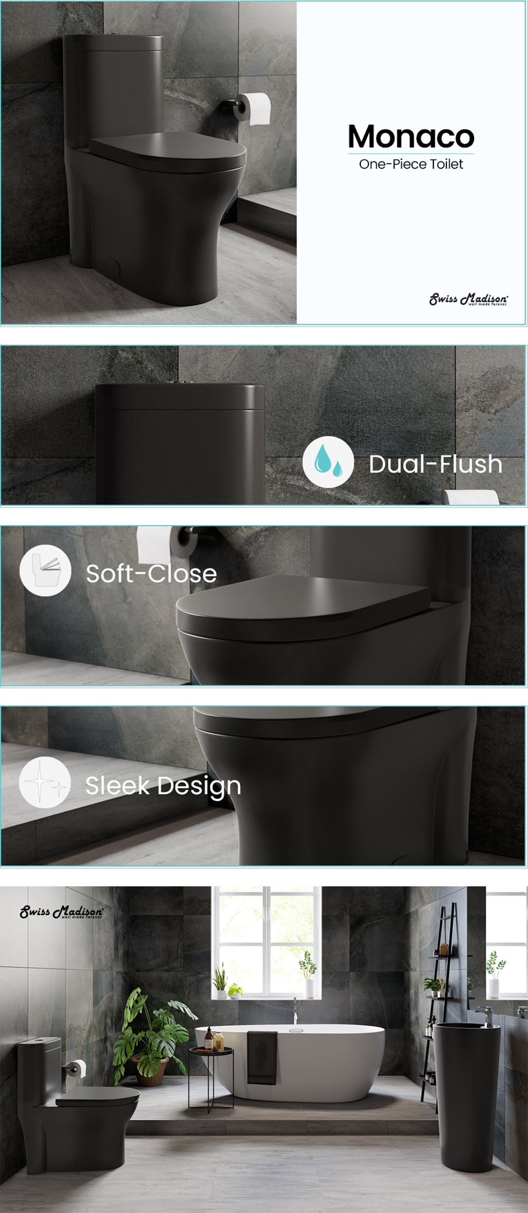 Swiss Madison Monaco 1-piece 1.1/ 1.6 GPF Dual Flush Elongated Toilet ...