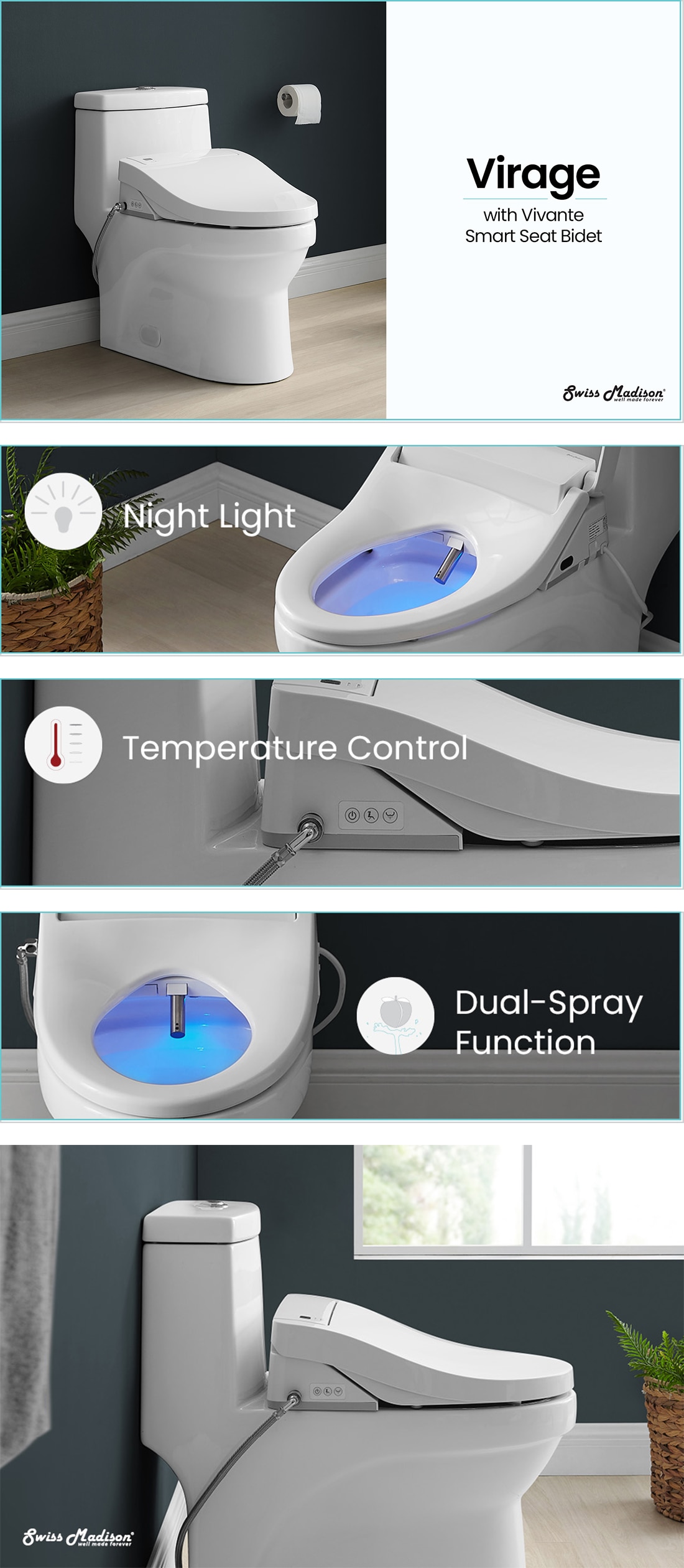 Swiss Madison Virage 1-Piece Toilet 0.80 GPF with Vivante Smart Seat SM ...