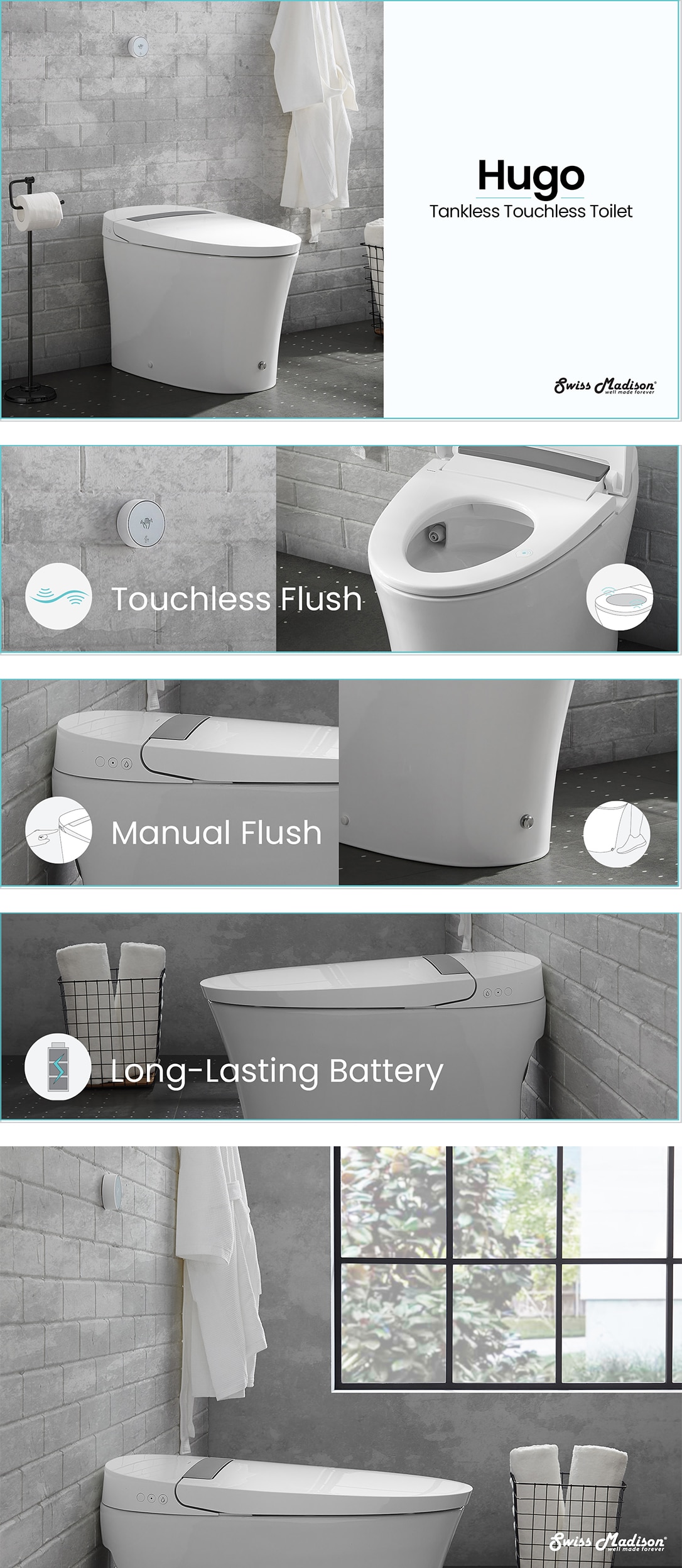 Swiss Madison Hugo Smart Tankless, 1.1/1.6 GPF Touchless Vortex ...