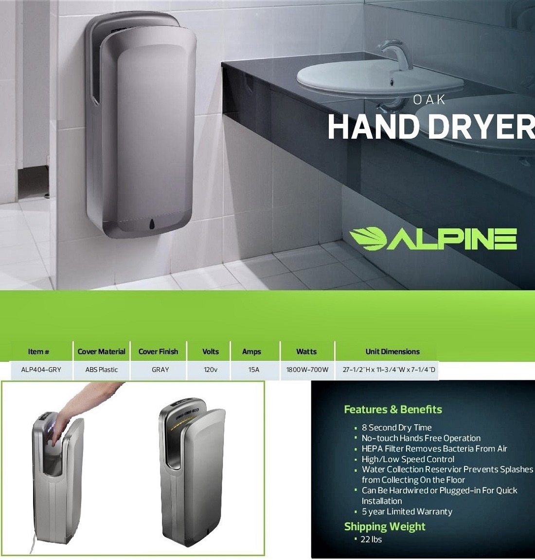 Alpine Industries Oak Gray High Speed Commercial 120-Volt Electric Hand ...