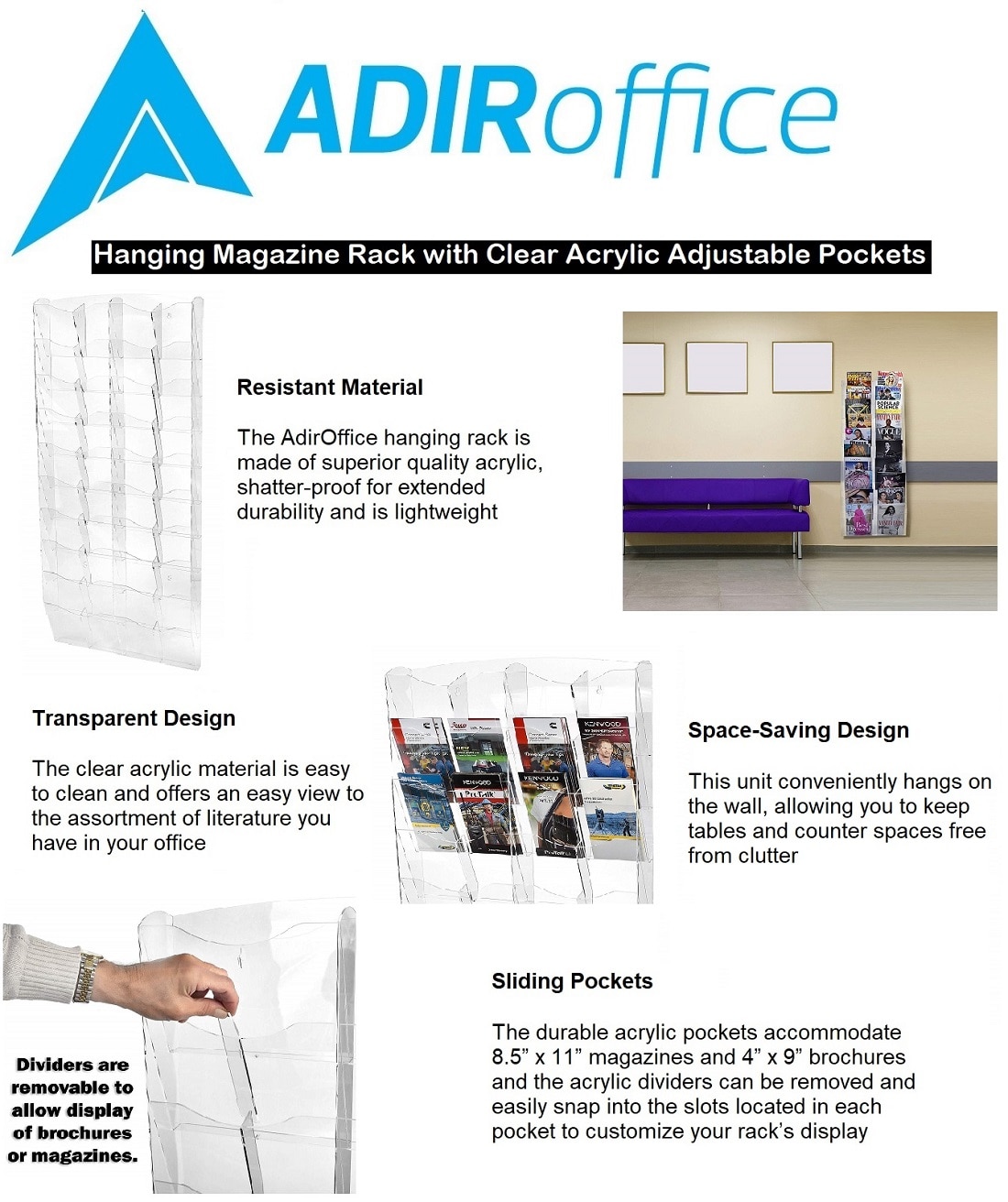 AdirOffice 51 in. x 20 in. Clear Acrylic Wall Mounted Hanging Brochure ...