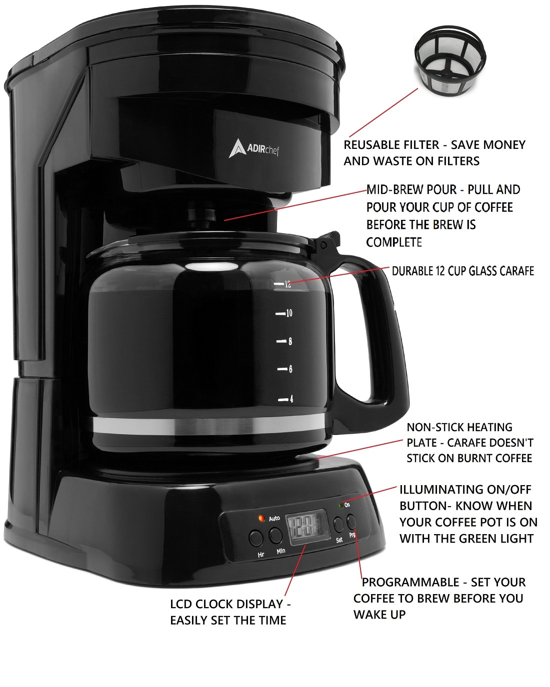 AdirChef 12-Cup Programmable Black Drip Coffee Maker with Automatic ...
