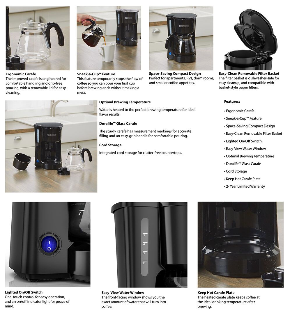 BLACK+DECKER 4-in-1 5-Cup Black Drip Coffee Maker CM0700B - The Home Depot
