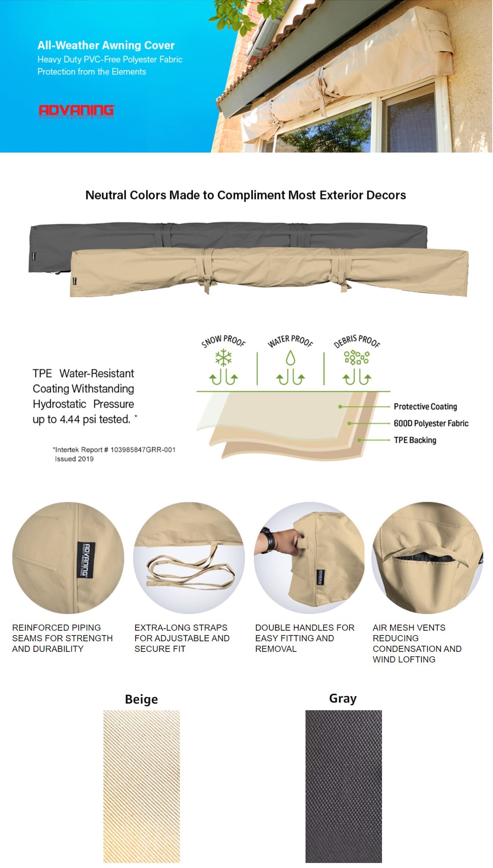 Advaning 8 ft. Protective Cover for Retractable Awnings, Heavy Duty ...