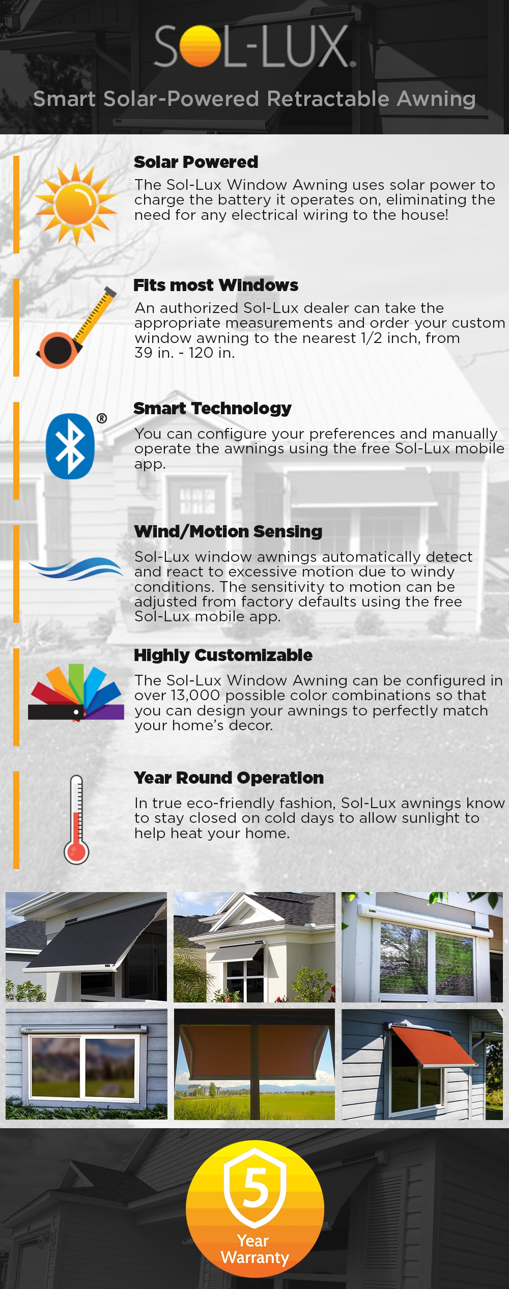 SOL-LUX 8 ft. Solar Powered Home Window Retractable Smart Awning, Pale ...