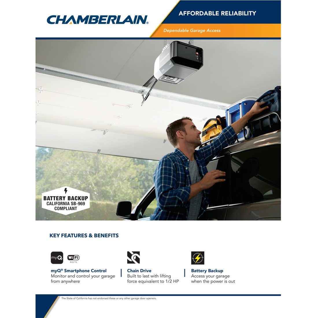 Chamberlain 1/2 HP Smart Chain Drive Garage Door Opener with Battery ...