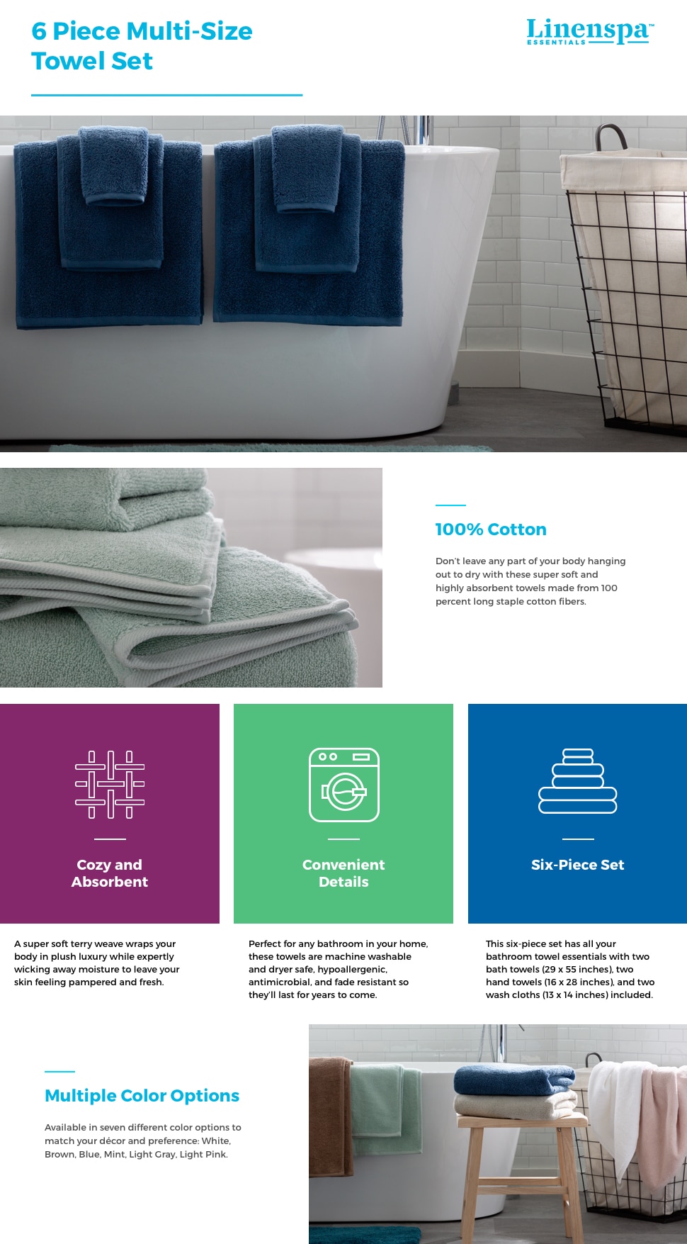 Linenspa Essentials 6-Piece White Luxury Cotton Towel Set ...