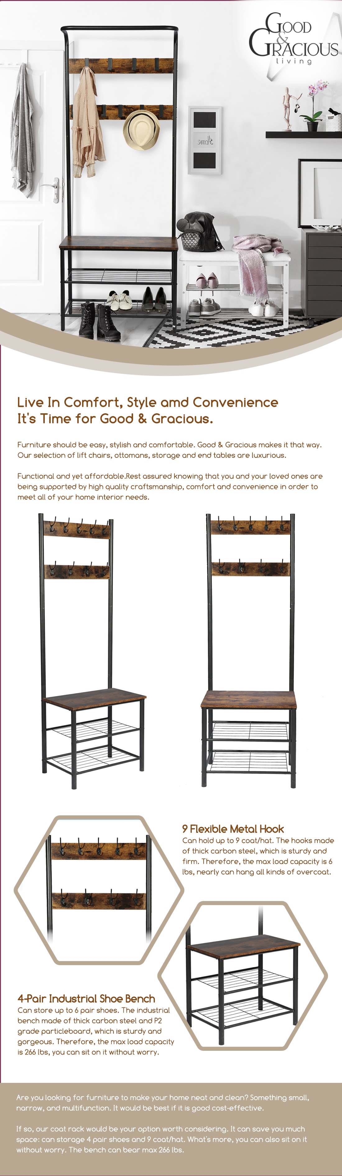 GOOD & GRACIOUS Industrial Brown Wood Freestanding Hall Trees with 4 ...