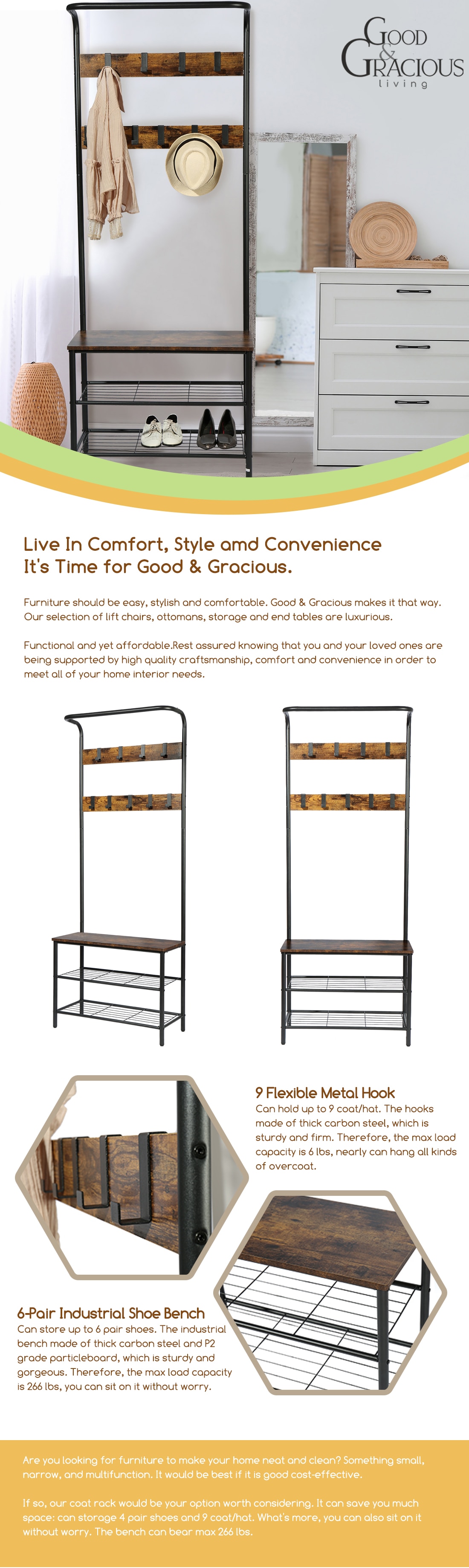 GOOD & GRACIOUS Industrial Brown Wood Freestanding Hall Trees with 6 ...