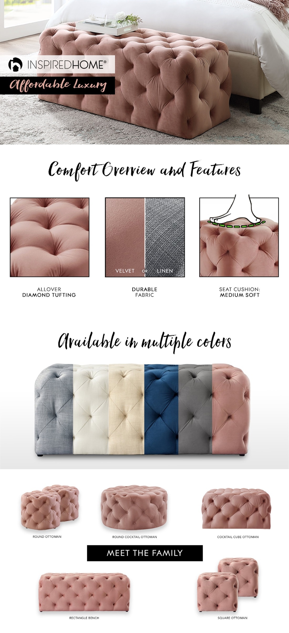 Inspired Home Norman Blush Velvet Tufted Allover Upholstered Bench BH85 ...