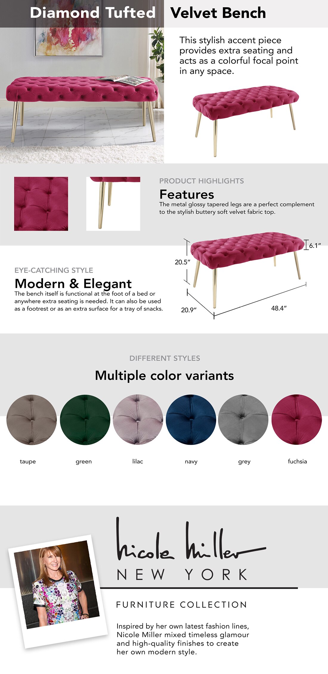 Nicole Miller Shannyn Lilac/Gold Velvet Bench with Button Tufted Metal ...