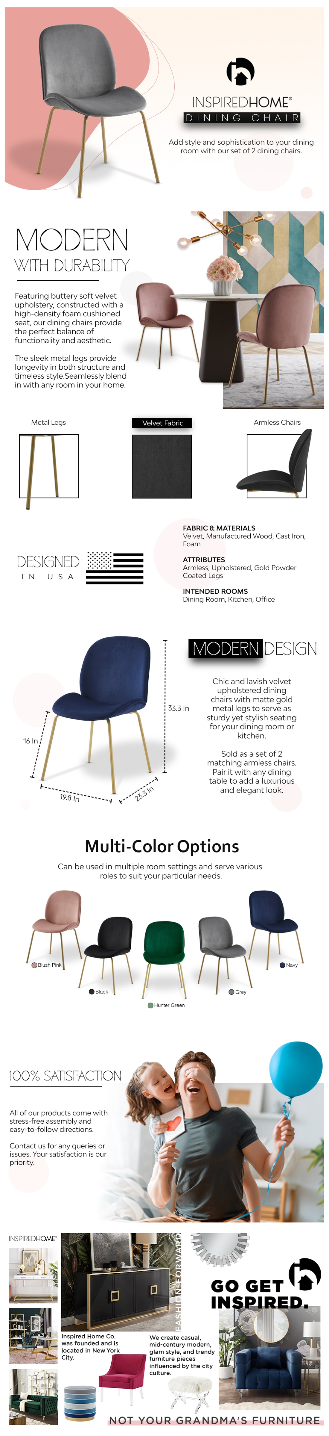 Inspired Home Luciano Blush Upholstered Velvet Armless Dining Chair Set ...