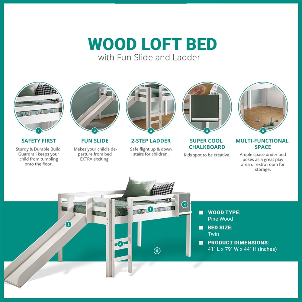 HOMESTOCK Latte Twin Wood Loft Bed with Slide, Kids Low Loft Bed with ...