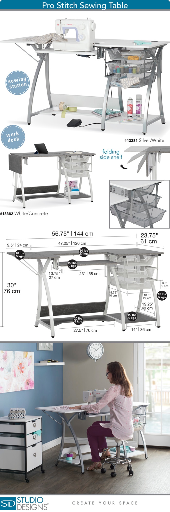 Sew Ready Pro Stitch 56.75 in. W PB Craft Sewing Table with Metal Mesh ...
