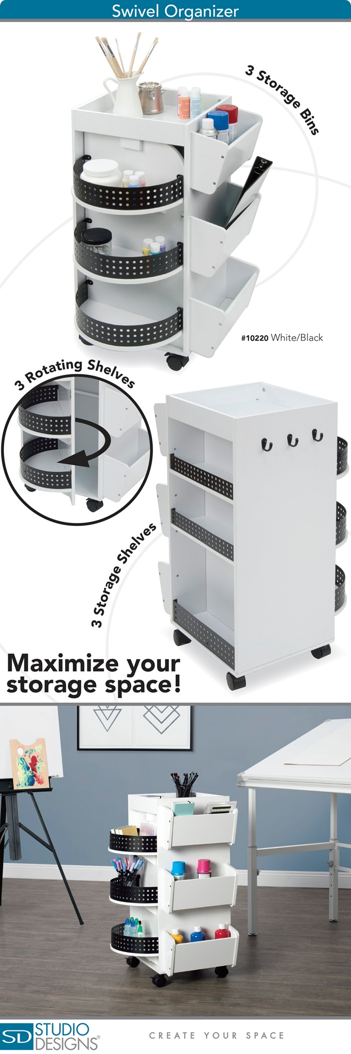 Studio Designs 21.75 in. W x 14.25 in. D x 34.5 in. H Swivel 3-Shelf PB ...