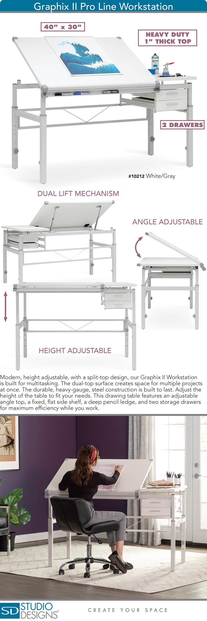 Studio Designs Graphix Height Adjustable Multi-Tasking, Steel Base with ...