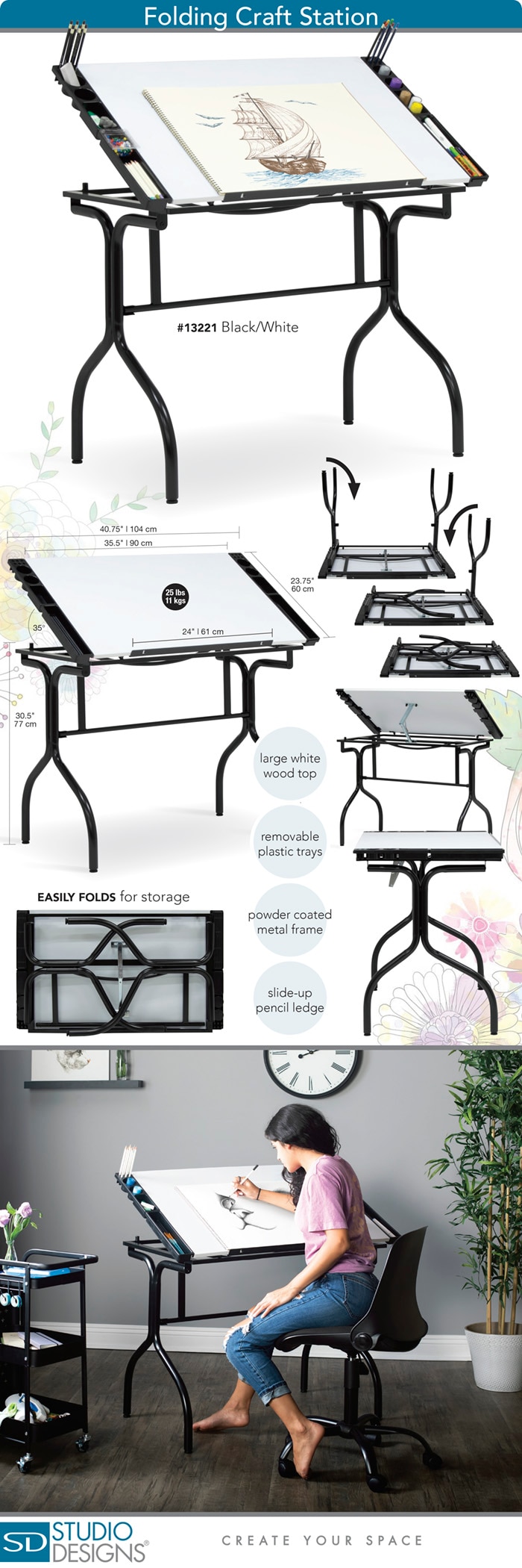 Studio Designs 35.25 in. W PB Craft Table with Folding Legs and Art ...