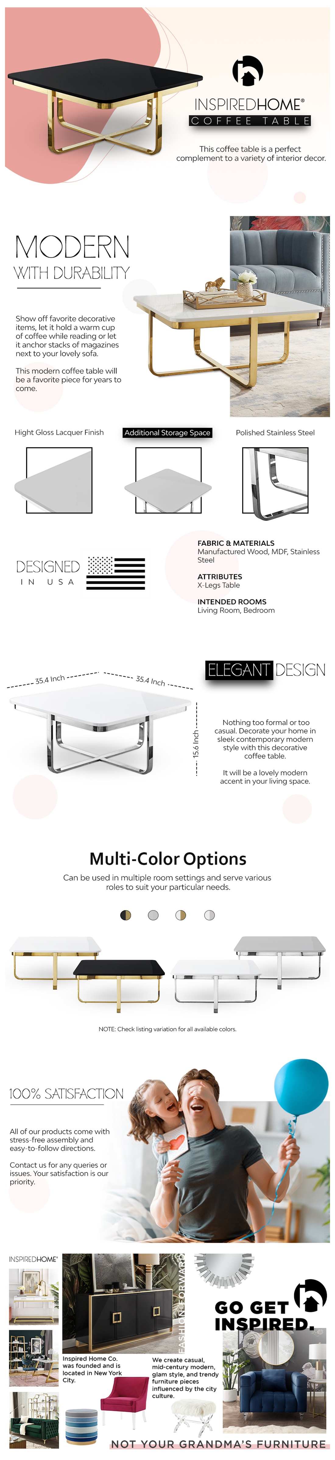 Inspired Home Lanna 40 in. Light Gray/Chrome Medium Square Wood Coffee ...