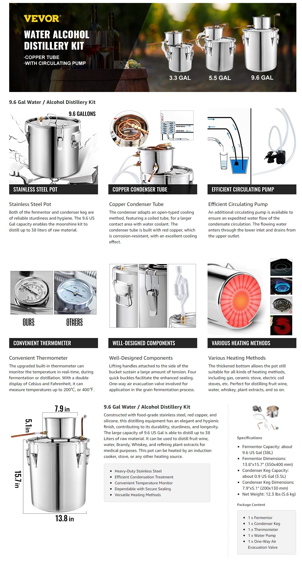 VEVOR 8 Gal. Stainless Steel Water Distiller Machine 120-Cup Build-in ...