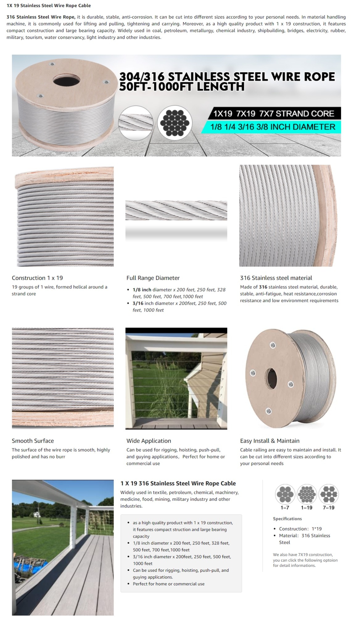 VEVOR 500 ft. x 1/8 in. Cable Railing Kit 1700 lbs. Loading T316 ...