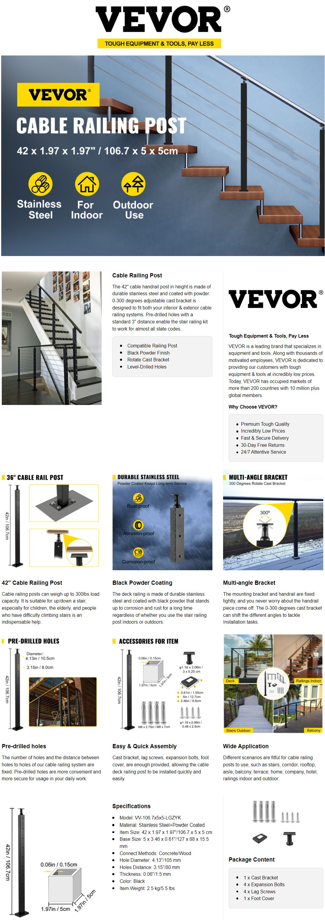VEVOR Cable Railing Post 42 in. x 1.97 in. x 1.97 in. Stainless Steel ...