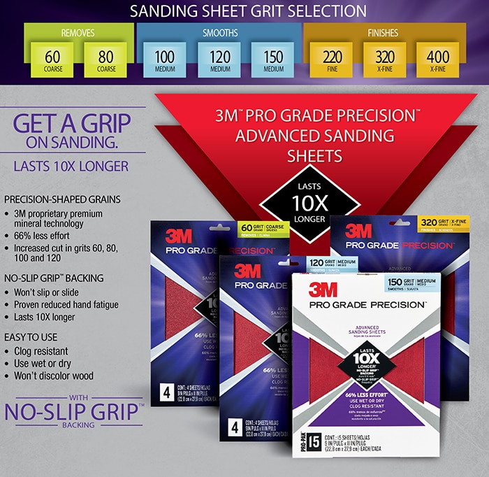 3M Pro Grade Precision 3-2/3 in. x 9 in. 220 Grit Fine Advanced Sanding ...